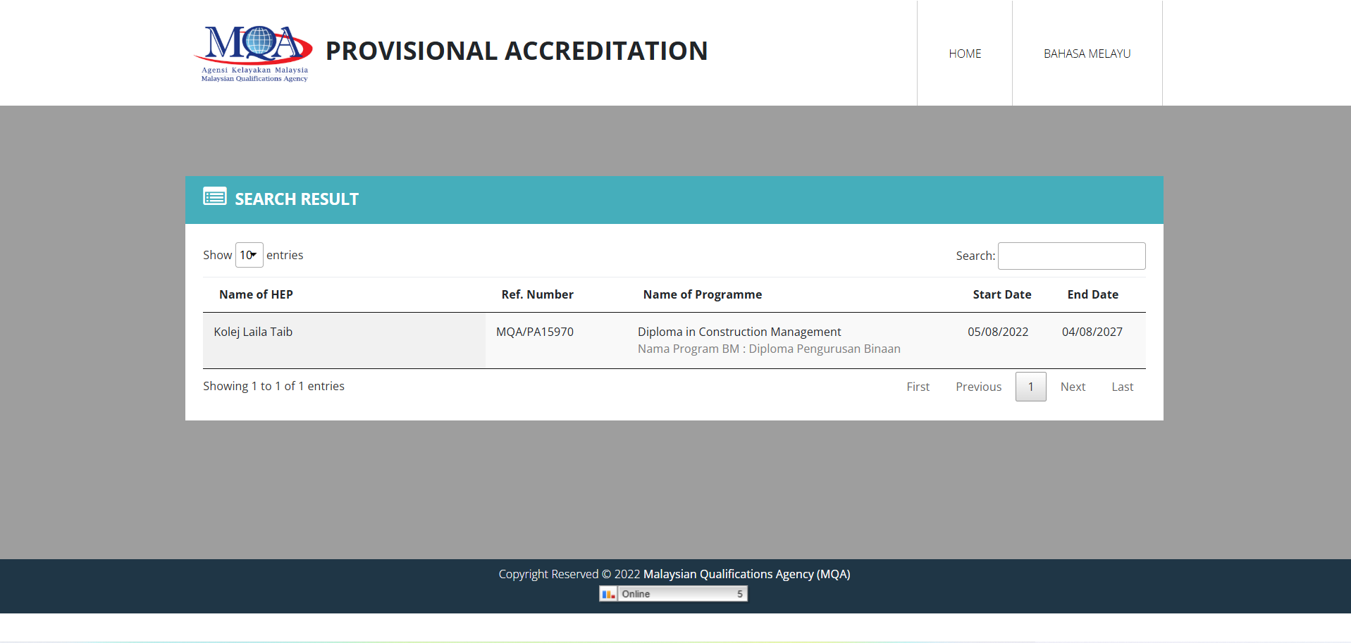 Construction Management KPT/JPS (N/0733/4/0001) (MQA/PA 15970)